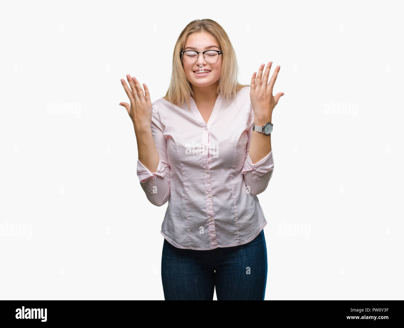 Young caucasian business woman wearing glasses over isolated background ...