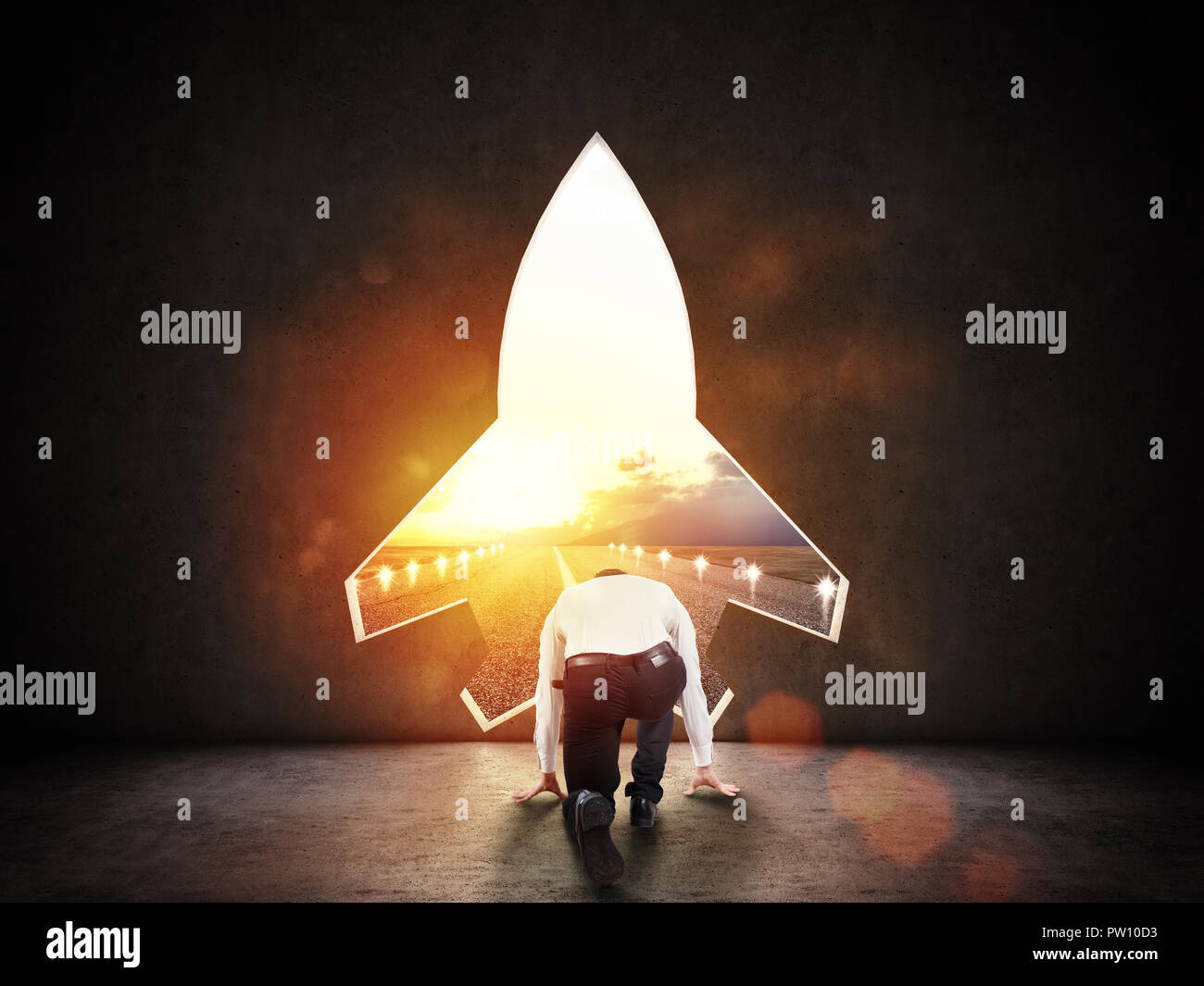 Concept of startup with a rocket shape hole in the wall which alludes ...