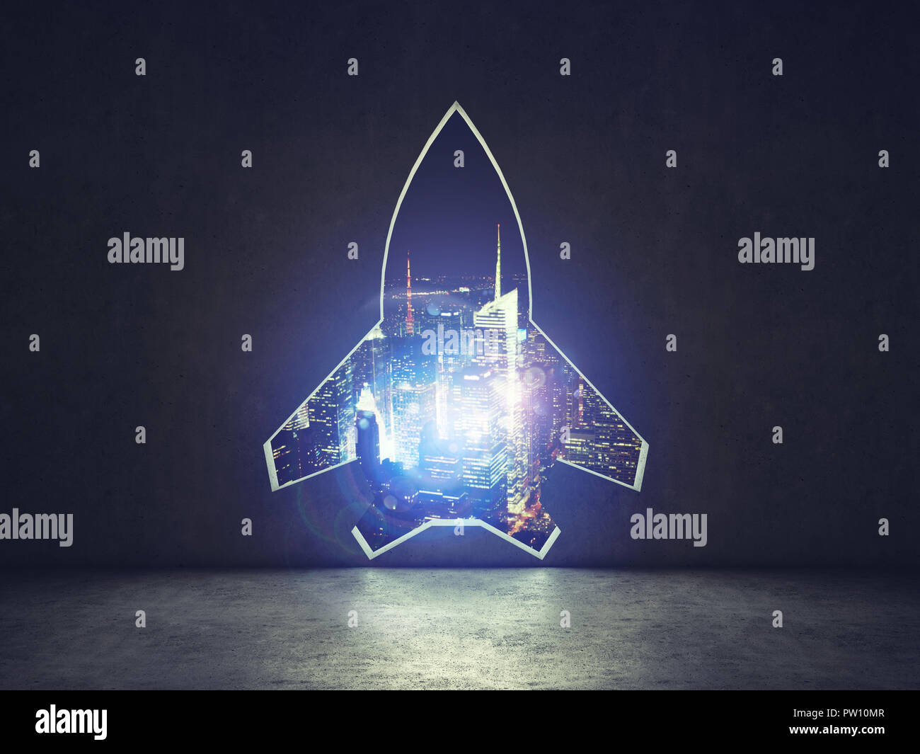 Concept of startup with a rocket shape hole in the wall which alludes ...