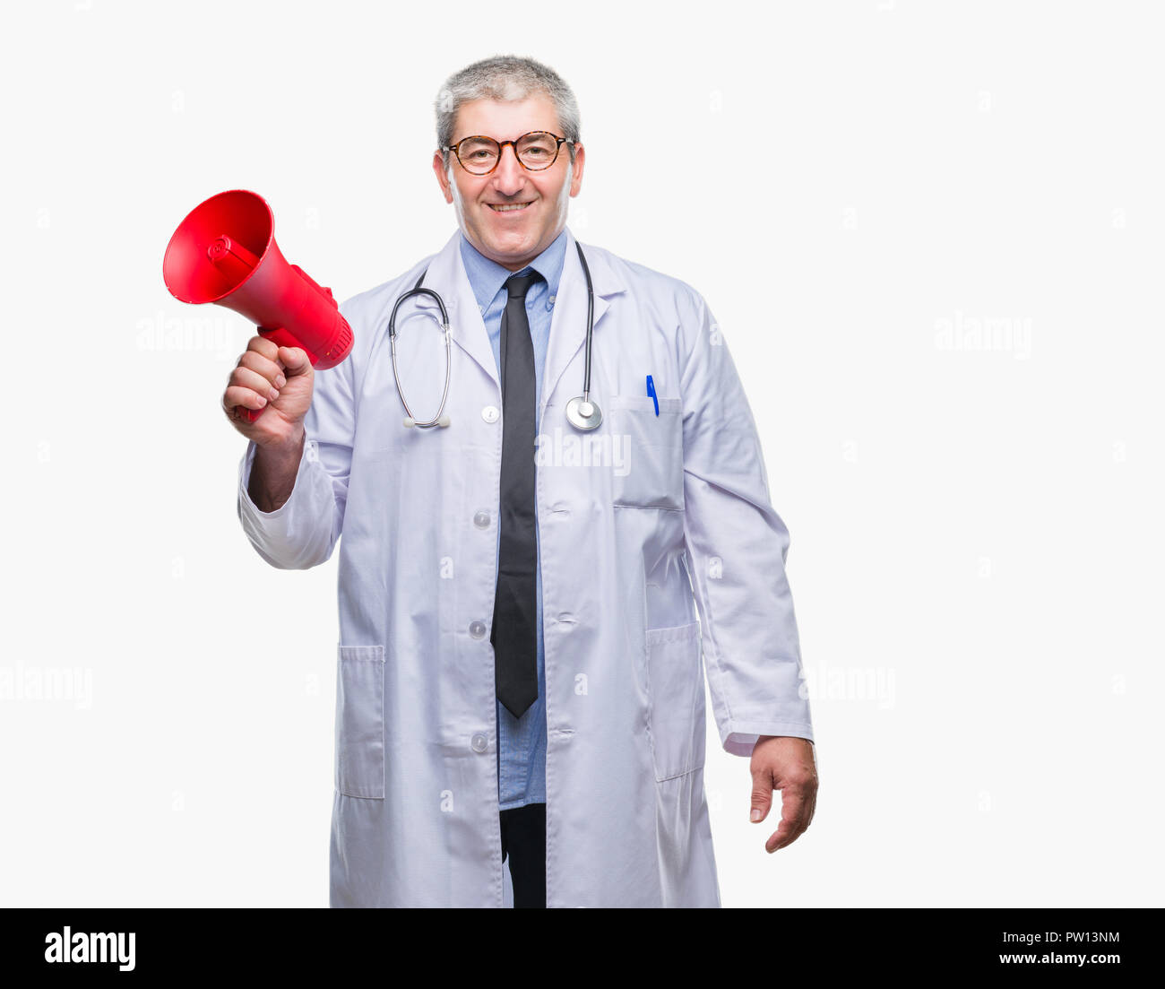 Handsome senior doctor man yelling through megaphone over isolated ...