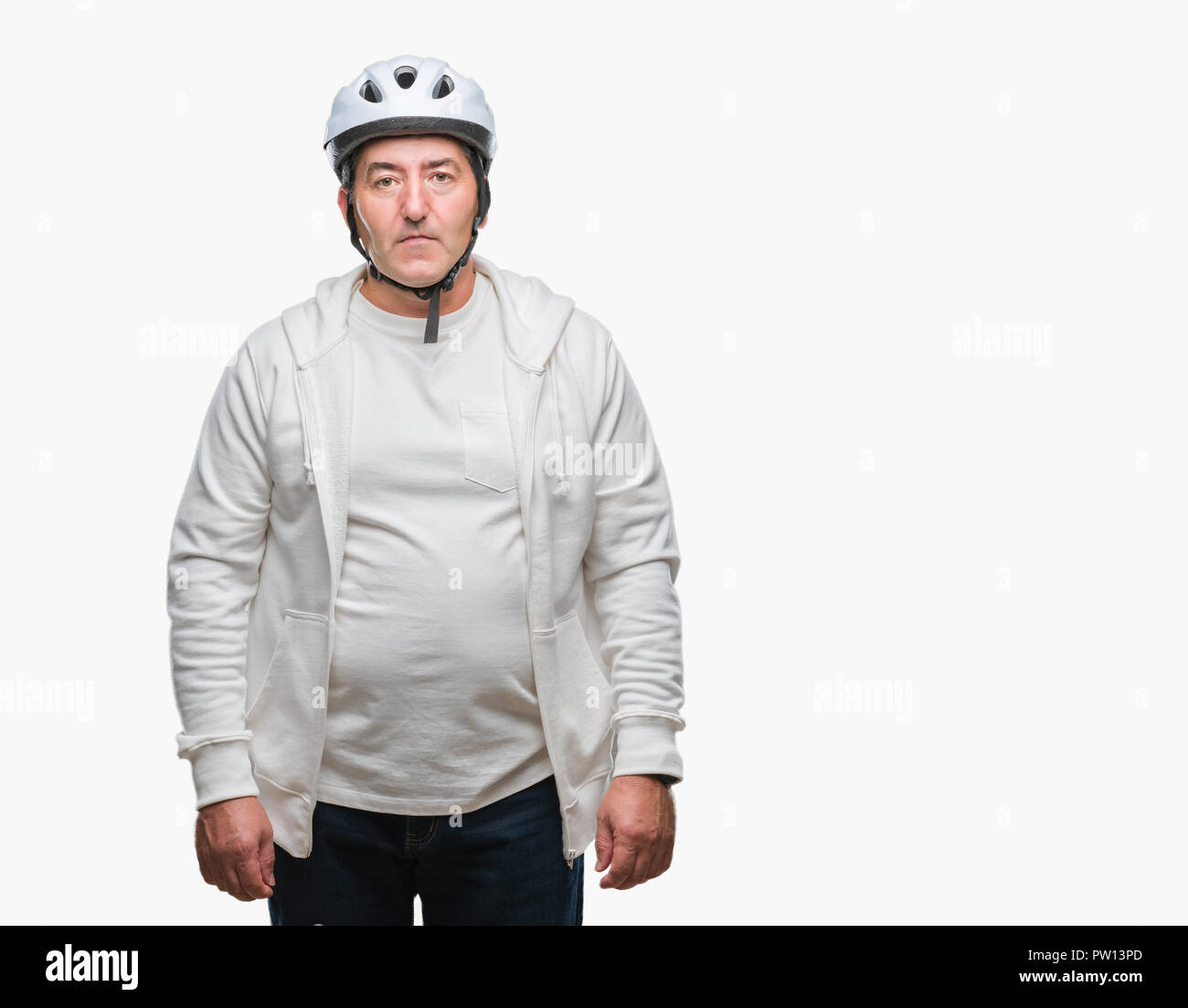 Handsome senior cyclist man wearing bike helmet over isolated ...