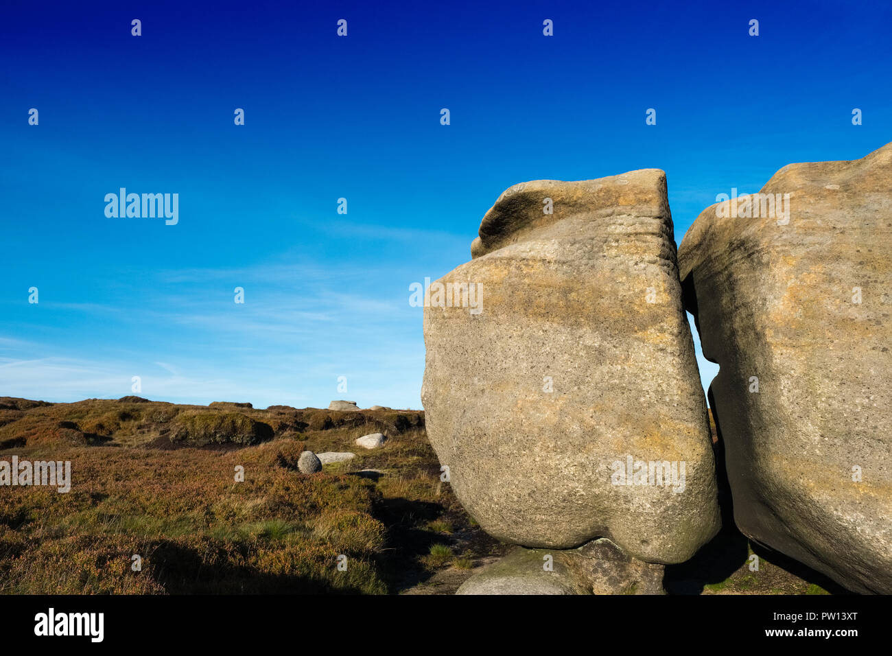 Weathered gritstone boulders at The Woolpacks on Kinder Scout in the ...