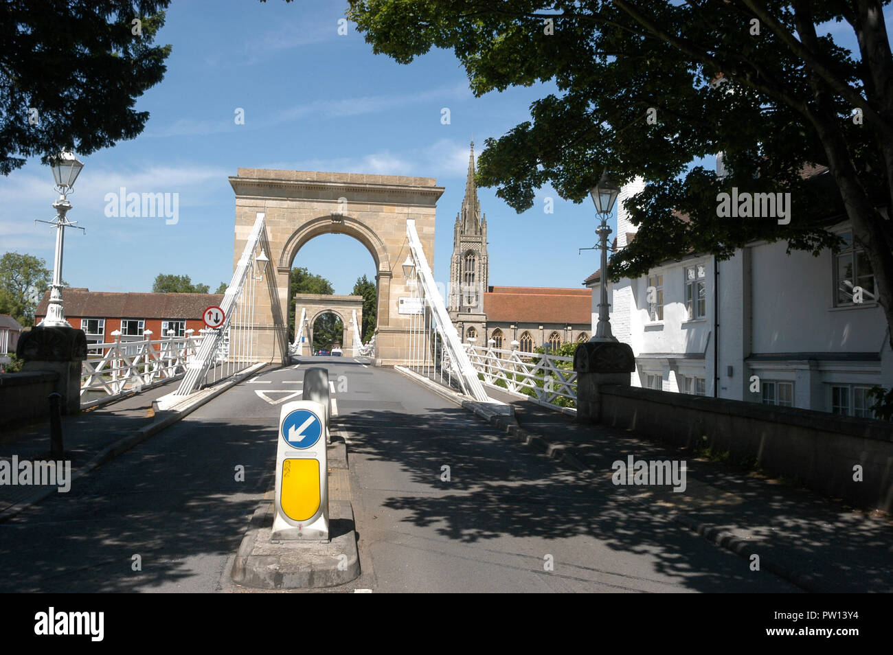 On approach to Marlow over the suspension bridge on the river Thames at ...