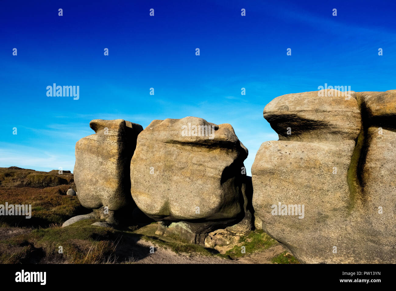 Weathered gritstone boulders at The Woolpacks on Kinder Scout in the ...