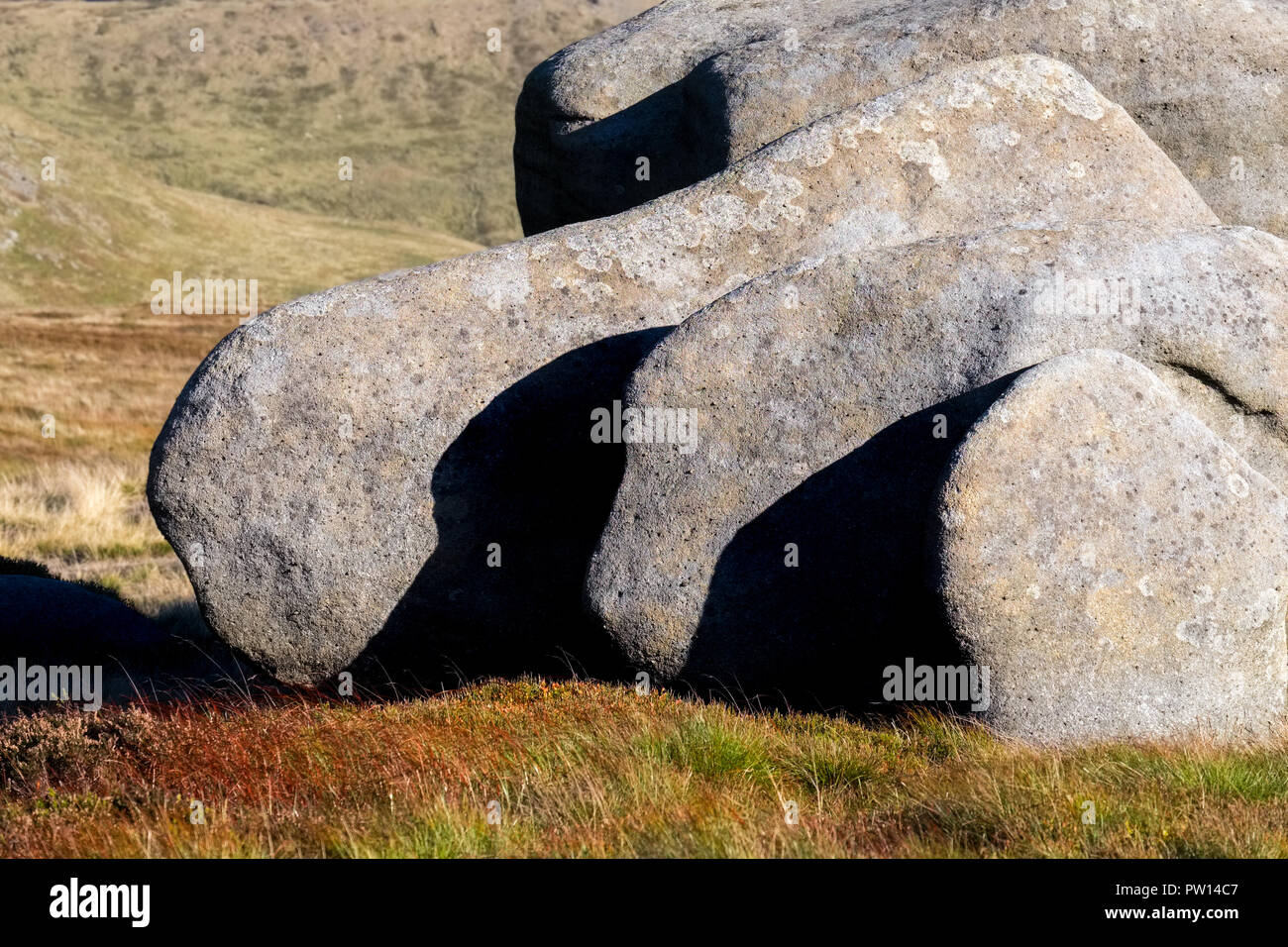 Weathered gritstone boulders at The Woolpacks on Kinder Scout in the ...