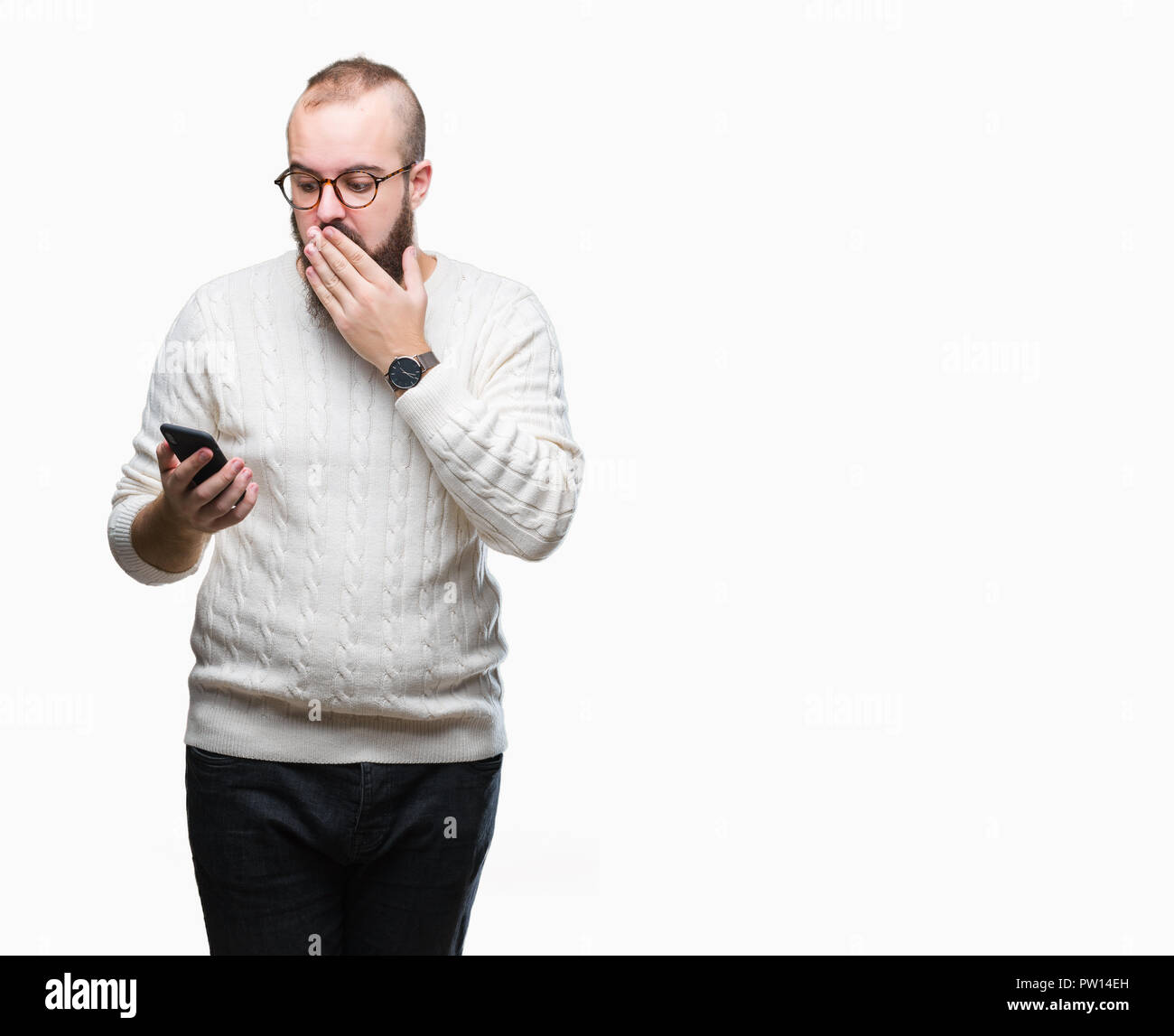 Young caucasian hipster man texting sending message using smartphone ...