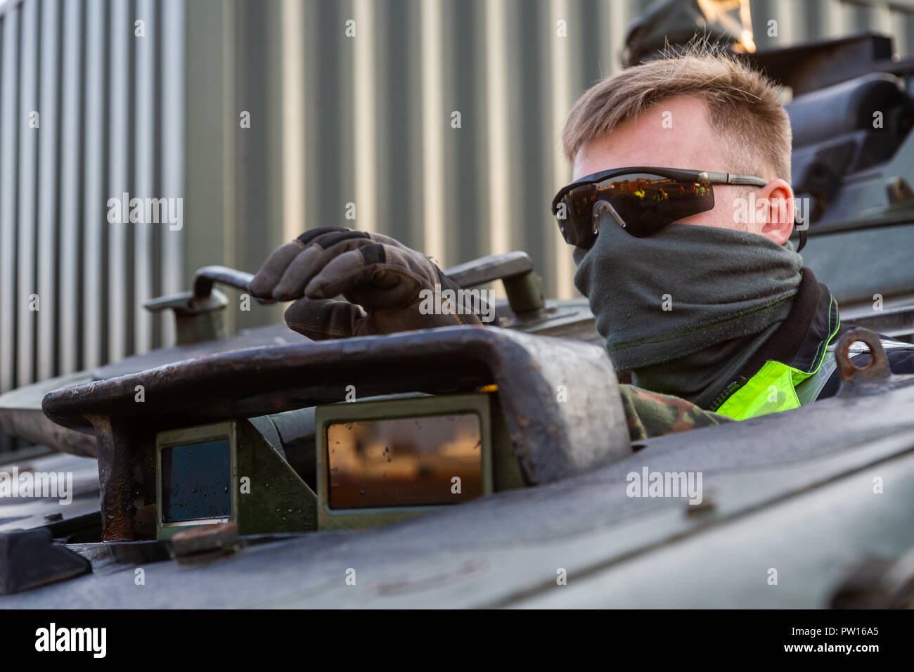 11 October 2018, Norway, Fredrikstad: A tank driver of the German ...