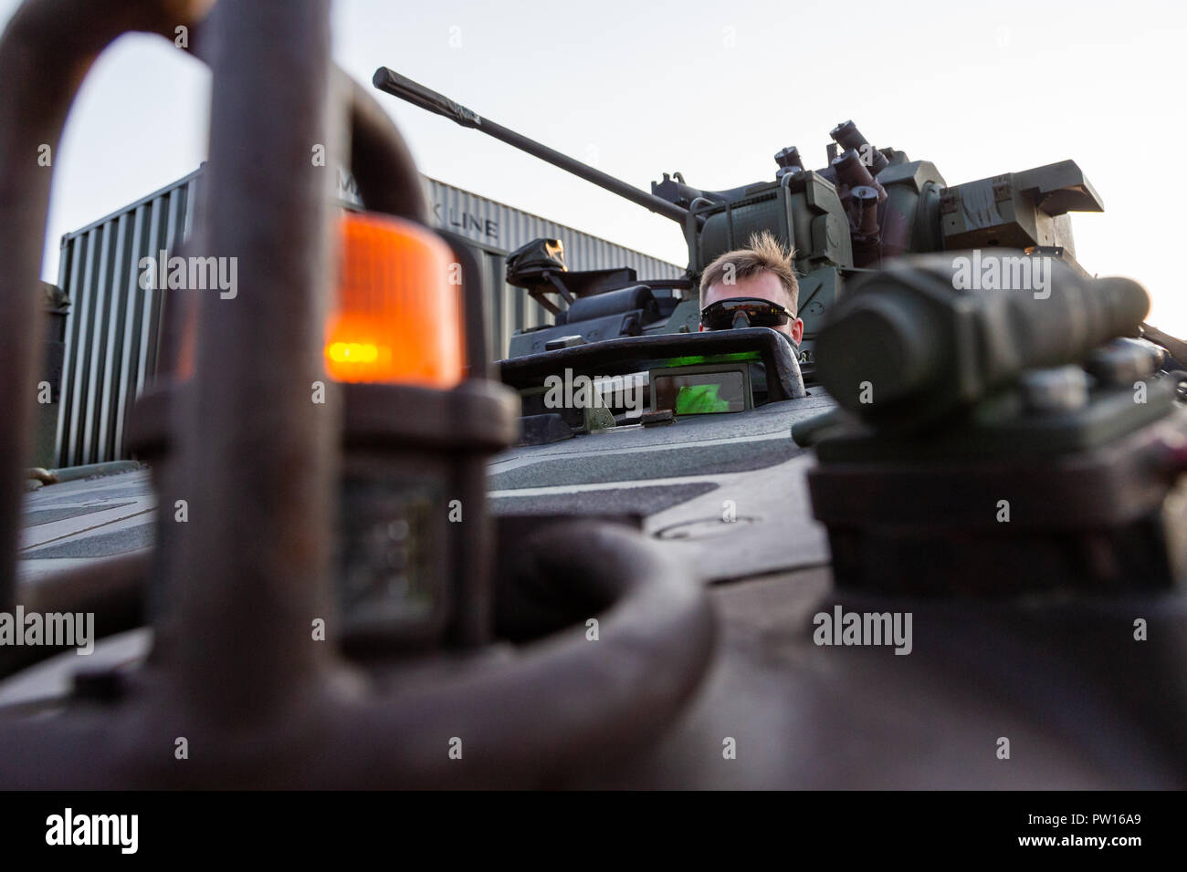 11 October 2018, Norway, Fredrikstad: A tank driver of the German ...