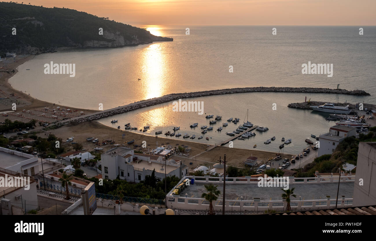The harbour at Peschici, Puglia, Italy, photographed at sun down ...