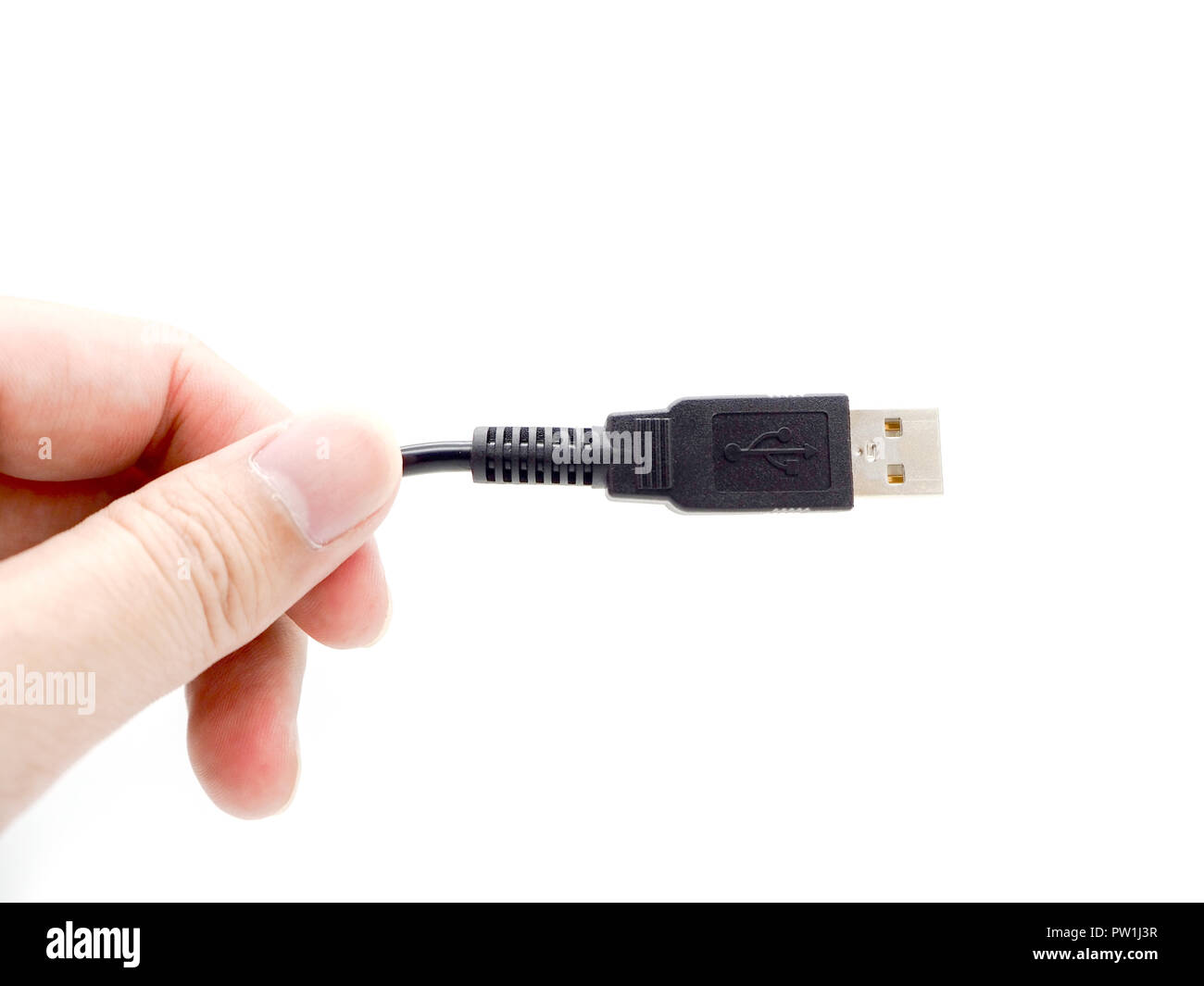 Hand holding USB cable isolated on a white background Stock Photo - Alamy