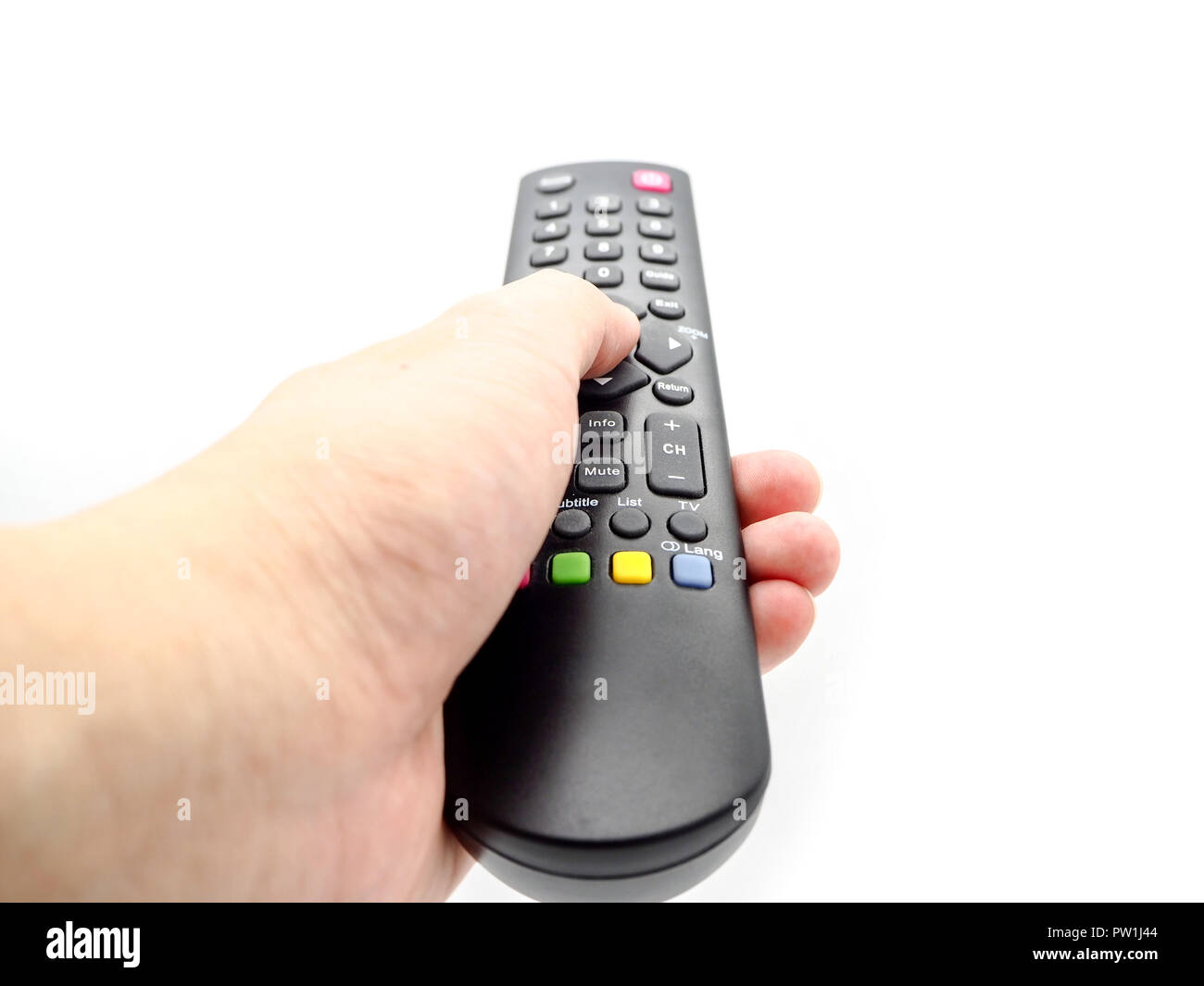 Hand holding a remote control TV isolated on white background Stock ...