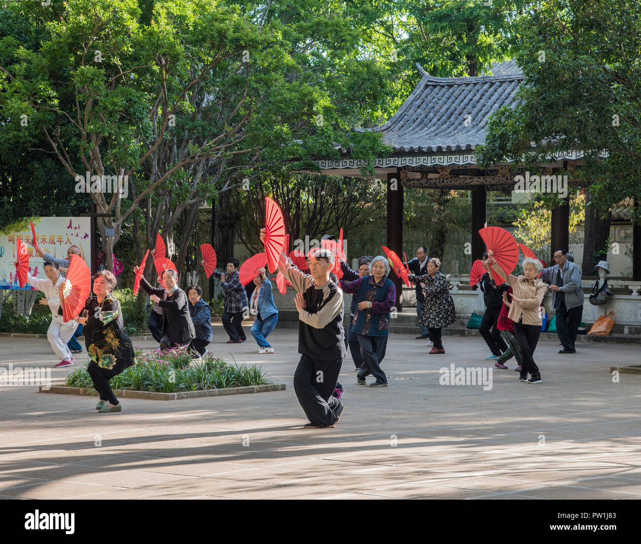 Tai-Chi performed by a group of chinese people in Dali park, Kunming ...