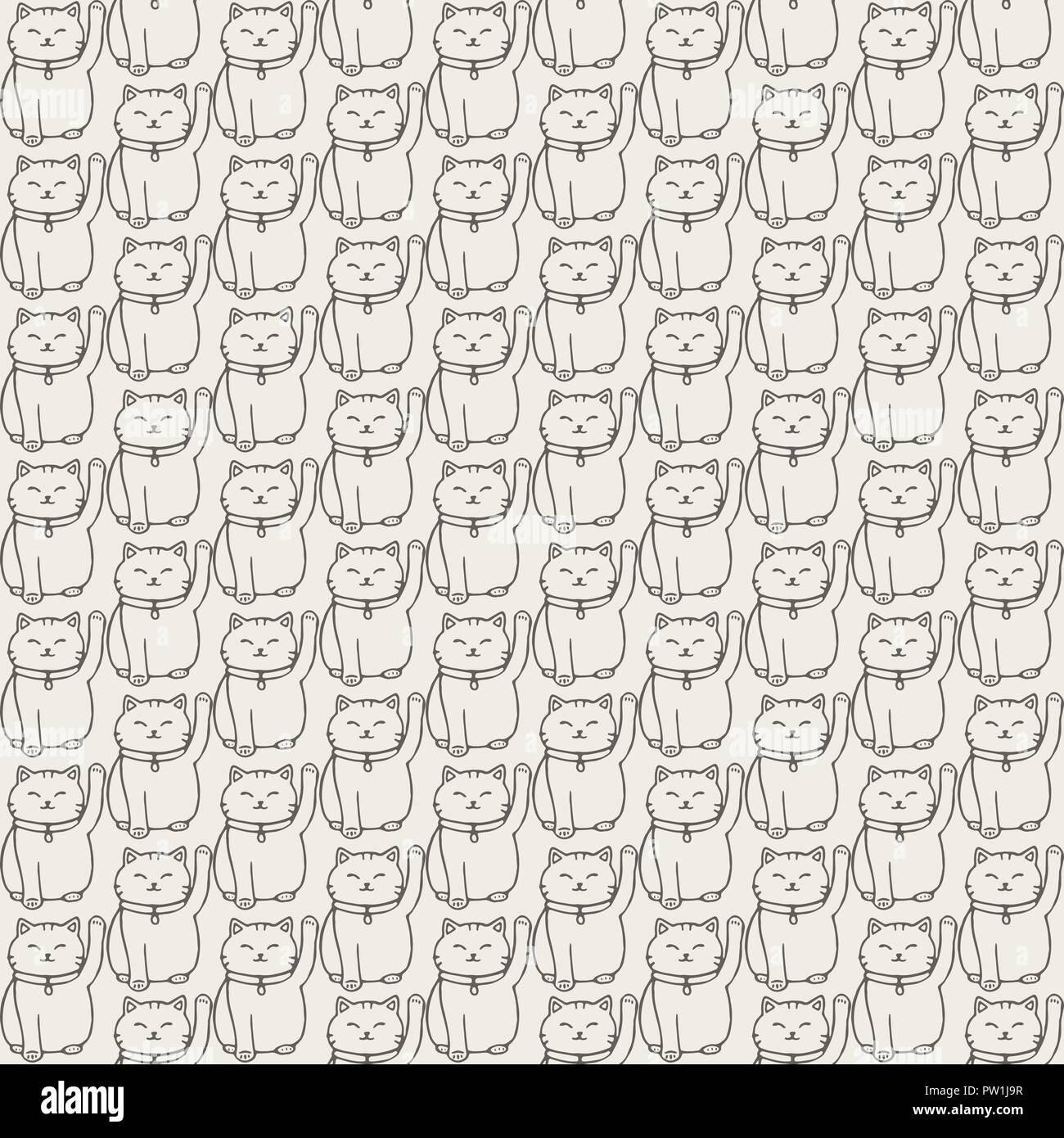 Vector hand drawn seamless pattern with japanese maneki neko lucky cats contours. Cute asian ...