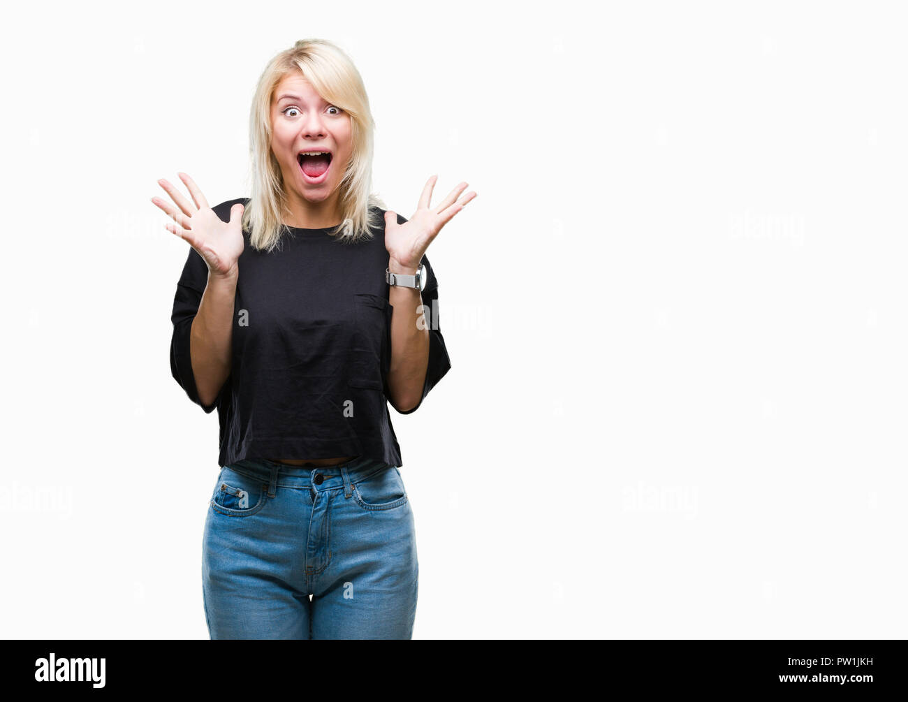 Young beautiful blonde woman over isolated background celebrating crazy ...
