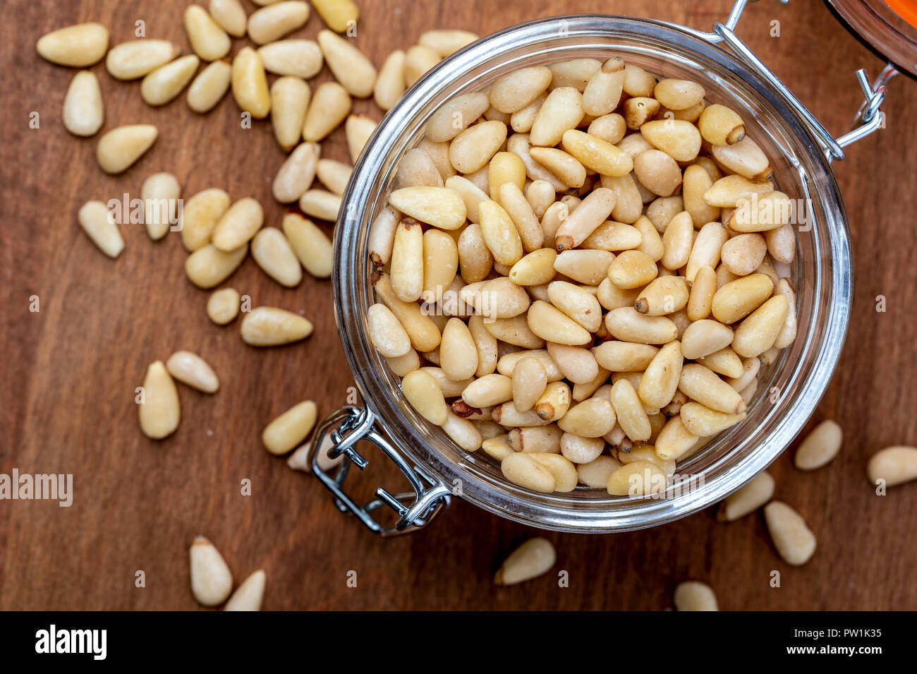 Peeled pine nuts. Aerial view (from above, top view). Foreground (Close ...