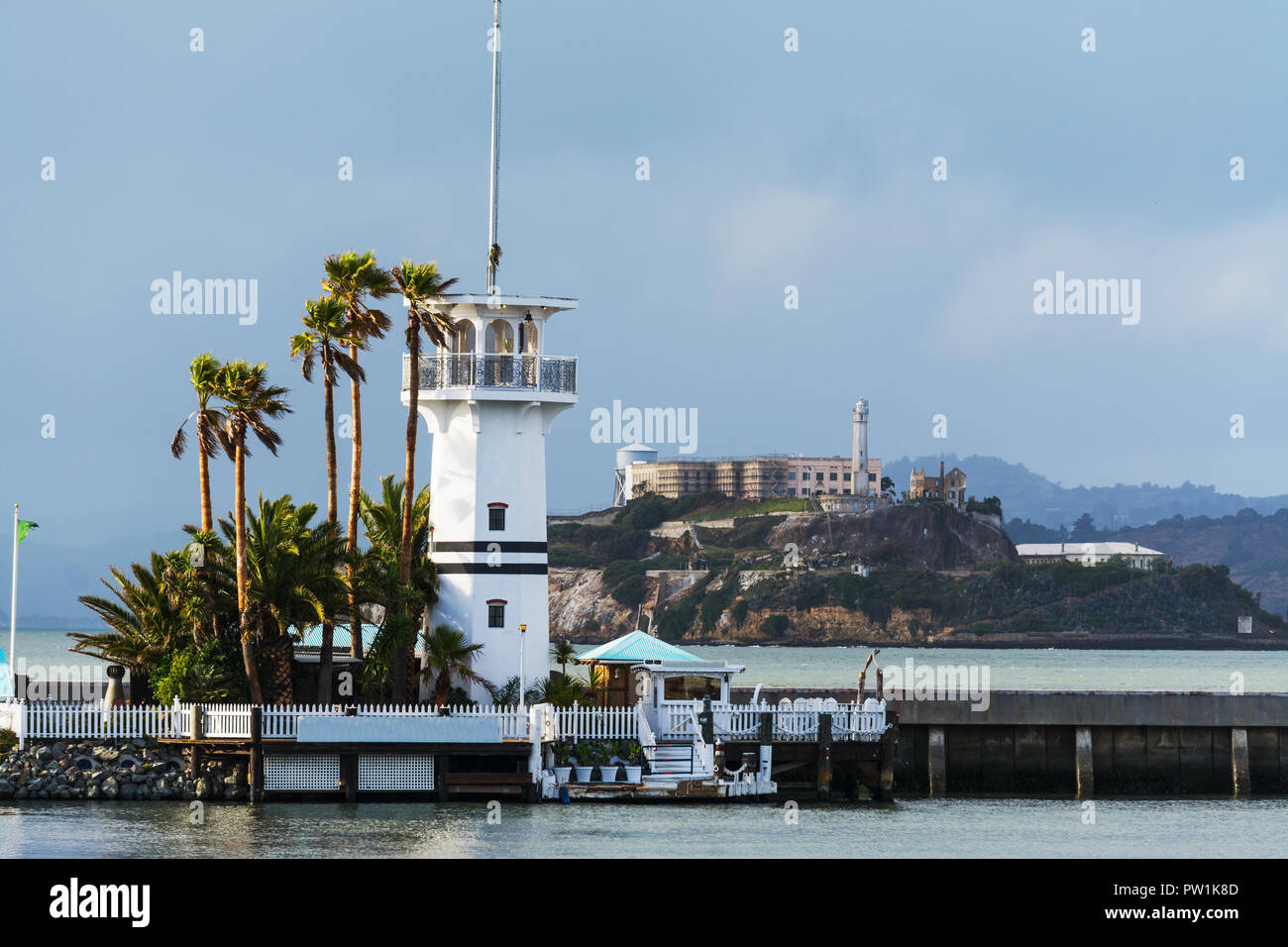 Lighthouse with Alcatraz island on the background in San Francisco ...