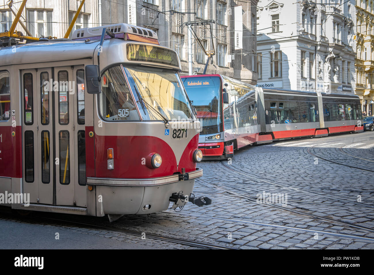 Trolleybus driving through the busy streets of Prague - Czech Republic ...