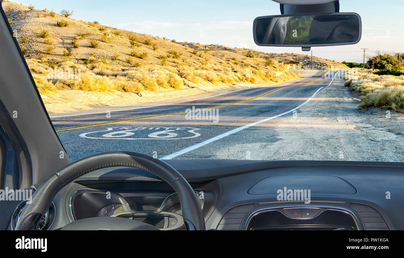 Looking through a car windshield with view of the Historic Route 66 ...