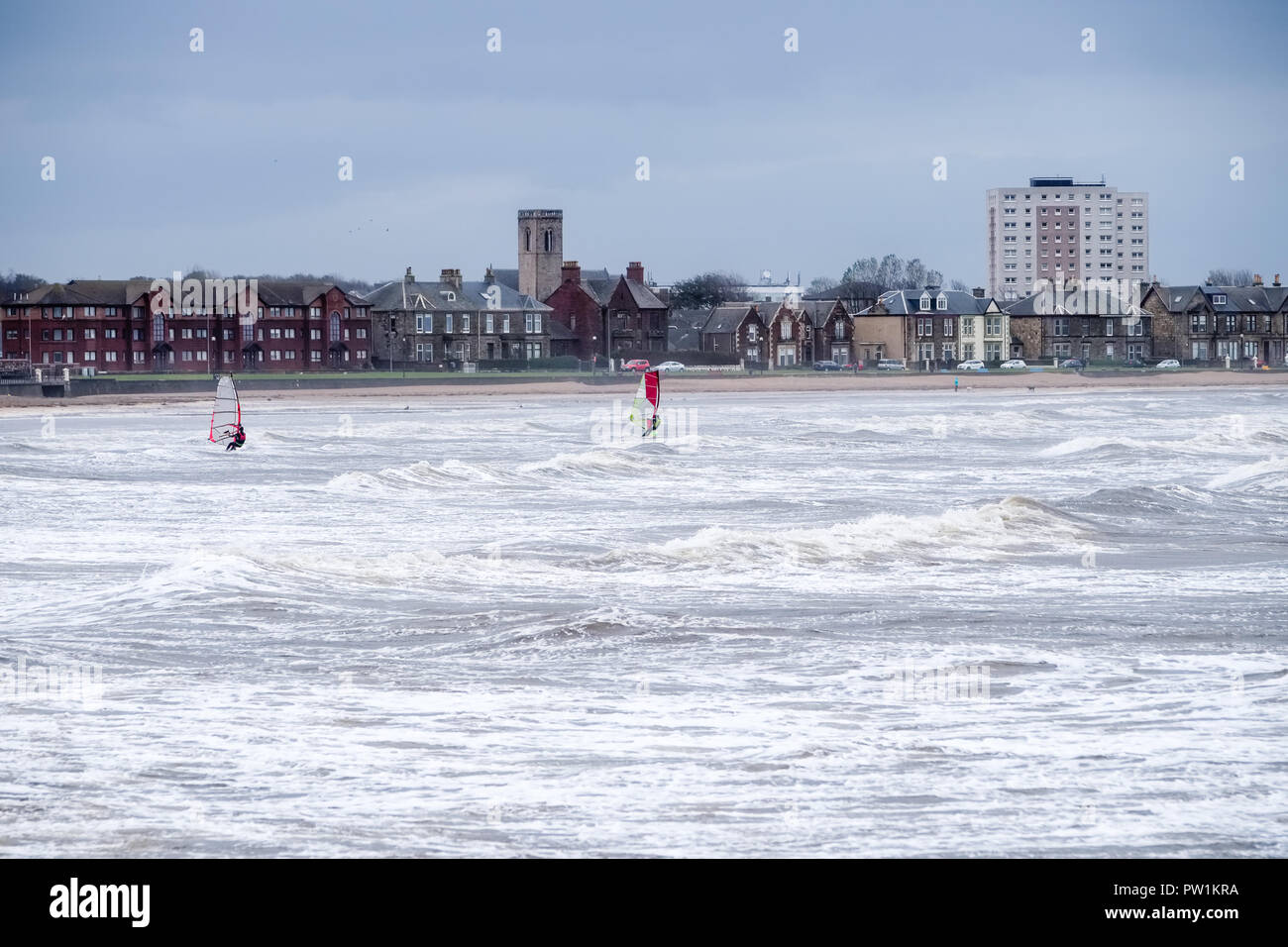 Stormy Weather over Saltcoats Bay in Scotland as the waves pound the ...