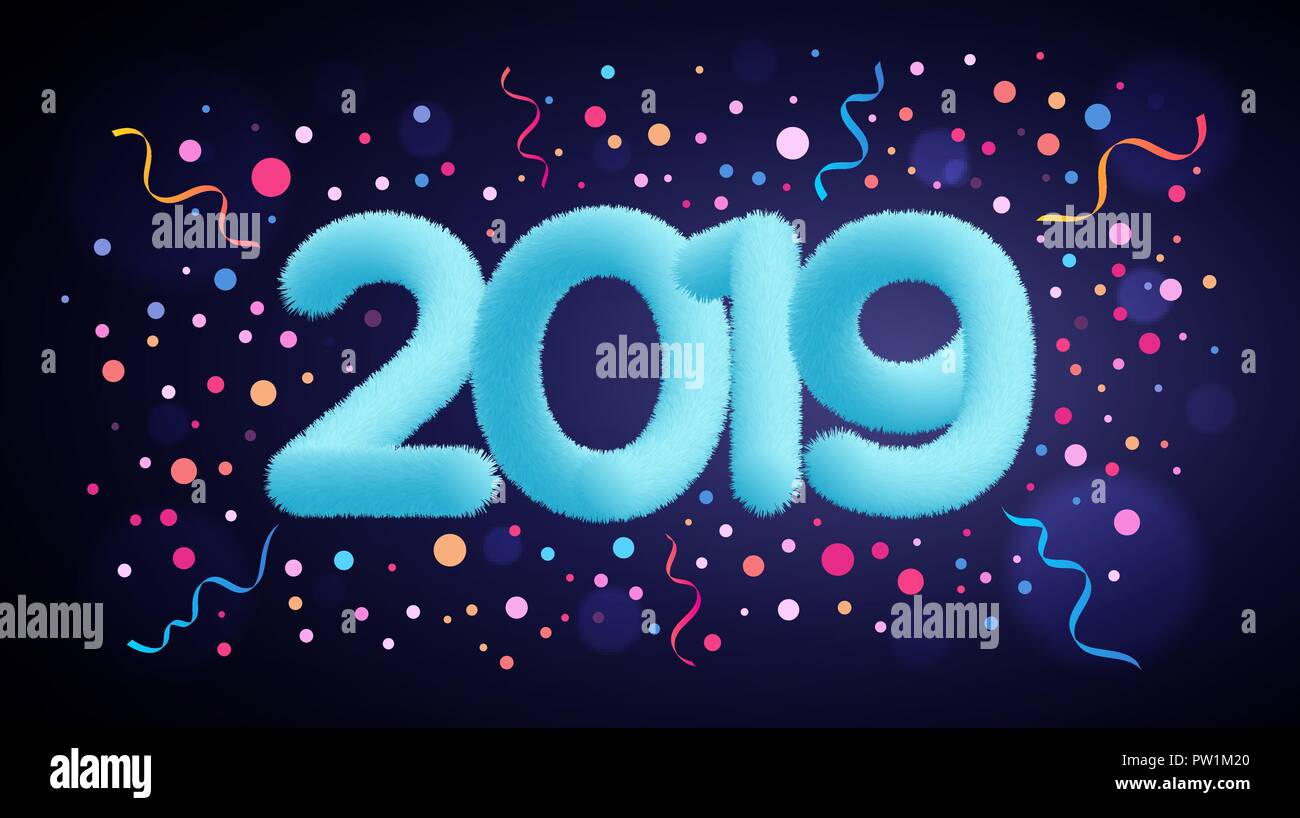 Happy New Year 2019 light blue lettering with a fur or tinsel text ...