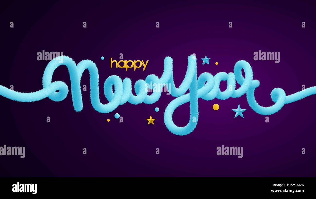 Happy New Year light blue tinsel lettering and holiday decorations over ...