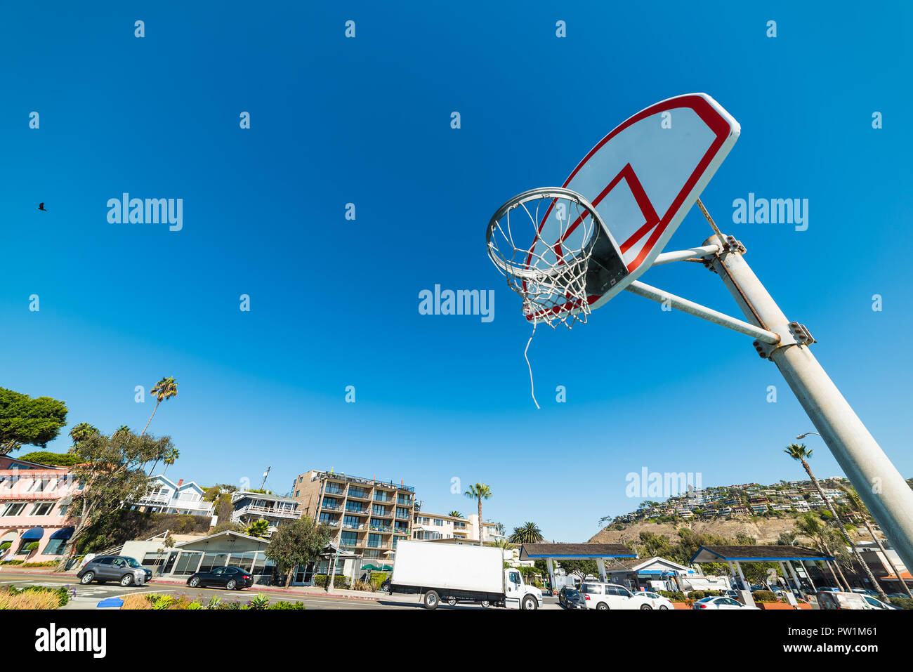 Basketball hoop seen from below in Laguna Beach, California Stock Photo ...