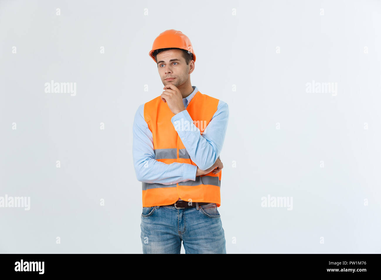 Construction engineer thinking, problem solving and solutions concept ...