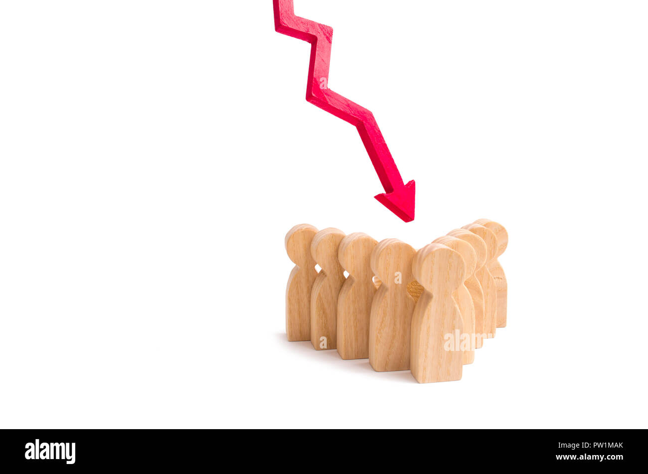 A group of people in an arrow formation and a red down arrow. Concept ...