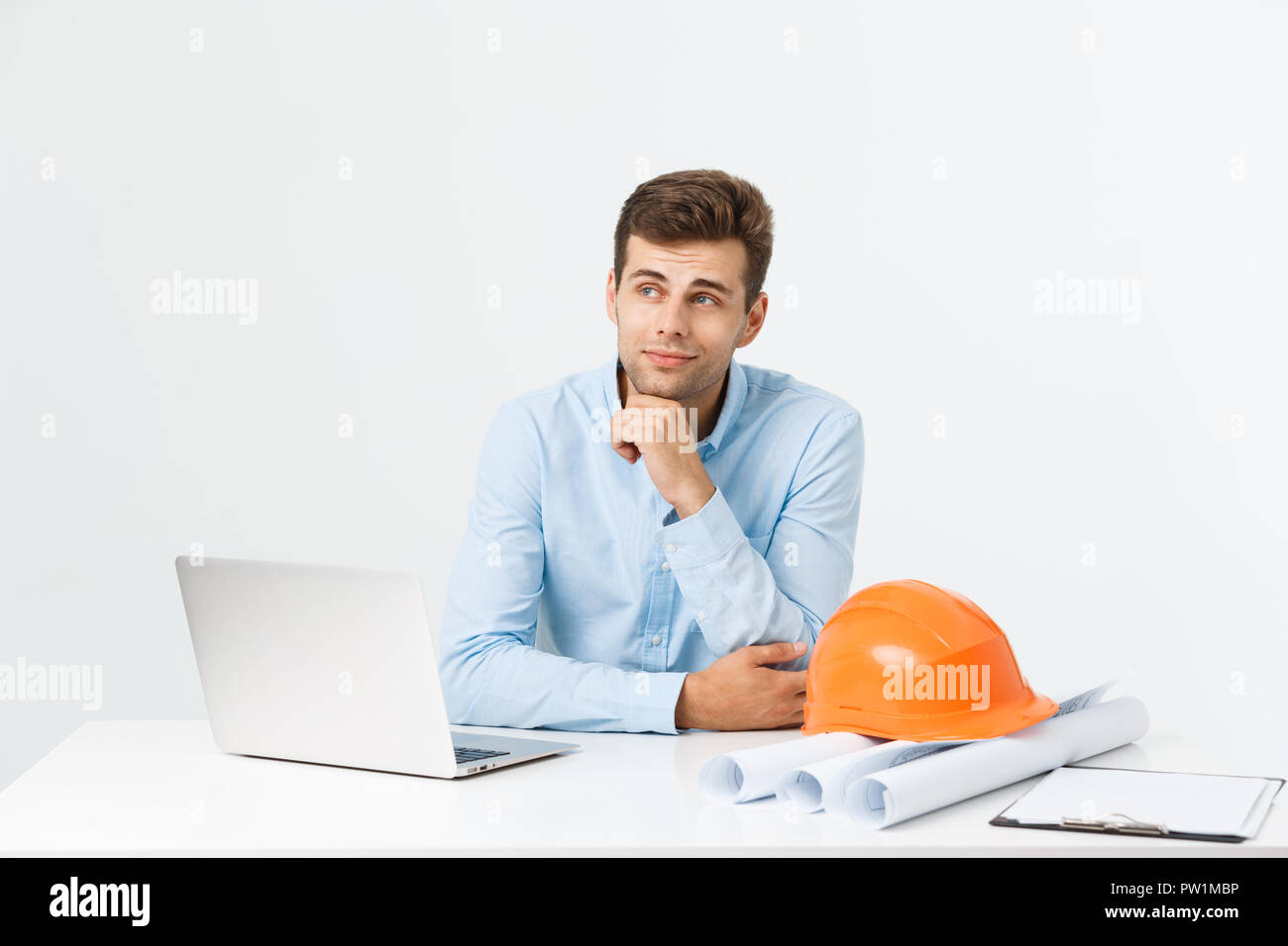 Construction engineer thinking, problem solving and solutions concept ...