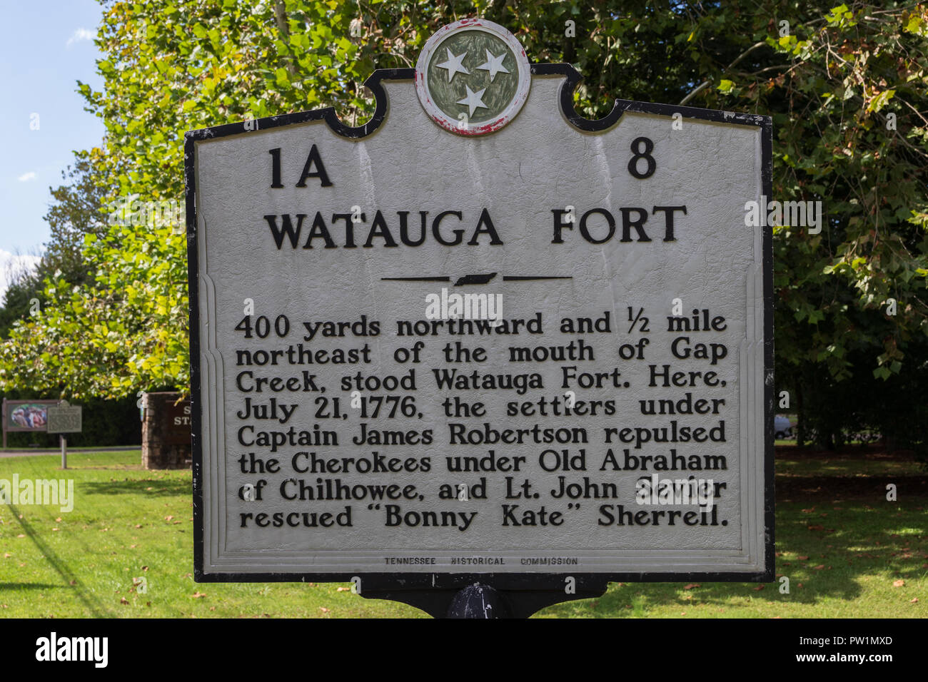 ELIZABETHTON, TN, USA-10/1/18: Sign notes location of the Watauga Fort ...