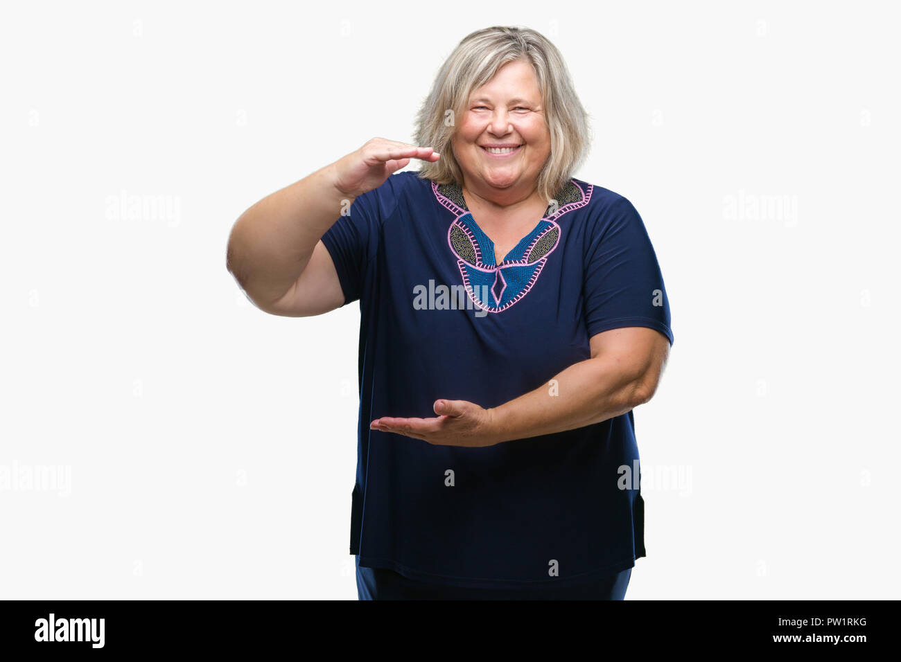 Senior plus size caucasian woman over isolated background gesturing ...