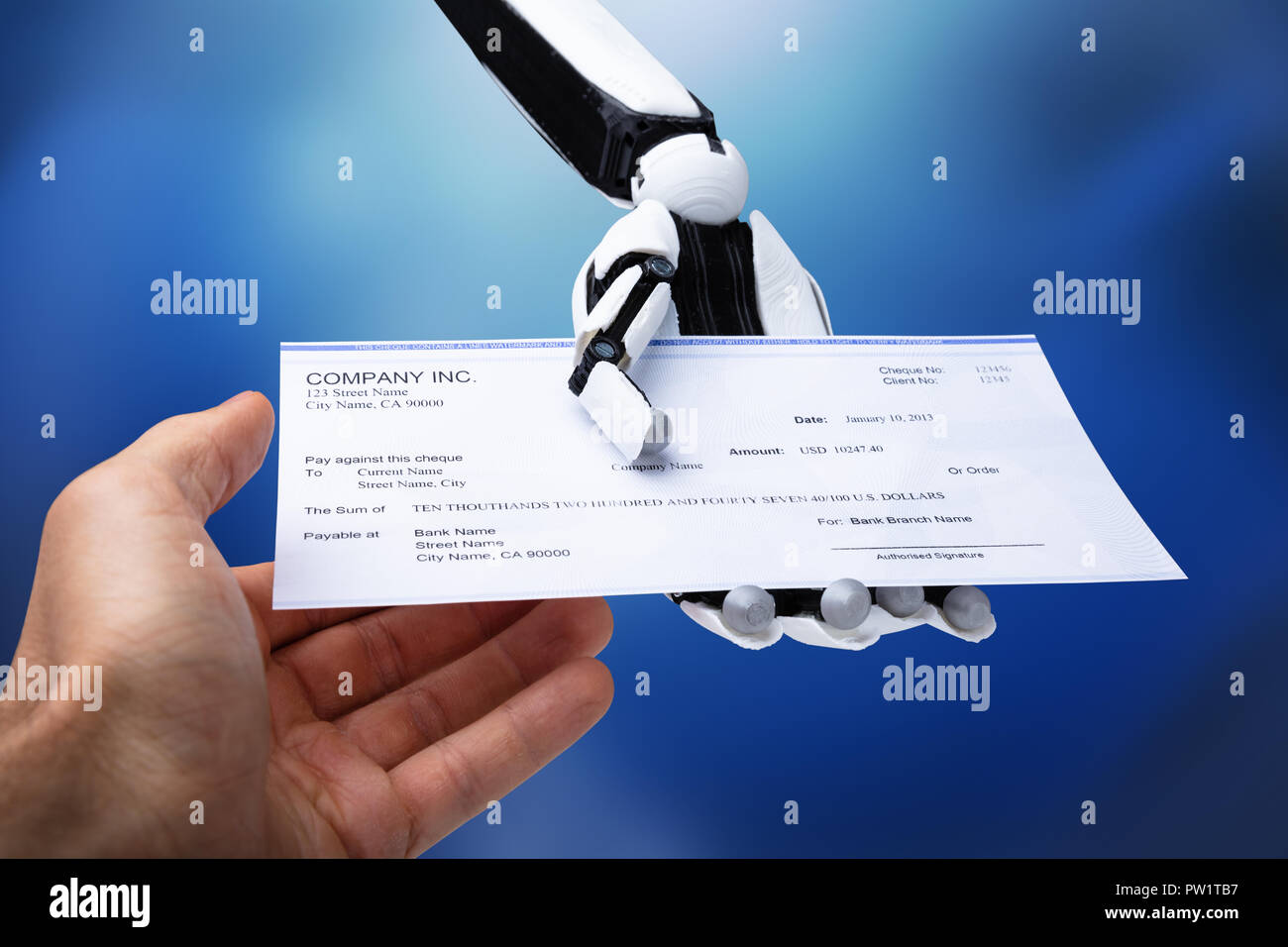 Close-up Of Robotic Hand Giving Cheque To Person On Blue Background ...