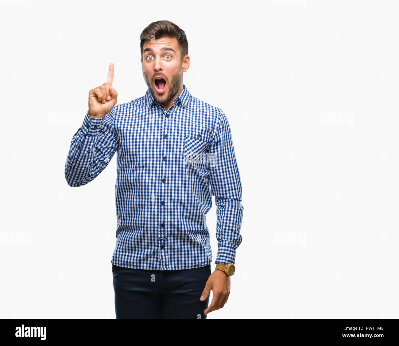 Young handsome man over isolated background pointing finger up with ...
