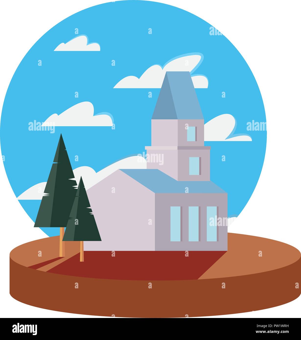 building pine trees clouds sky panorama vector illustration Stock ...
