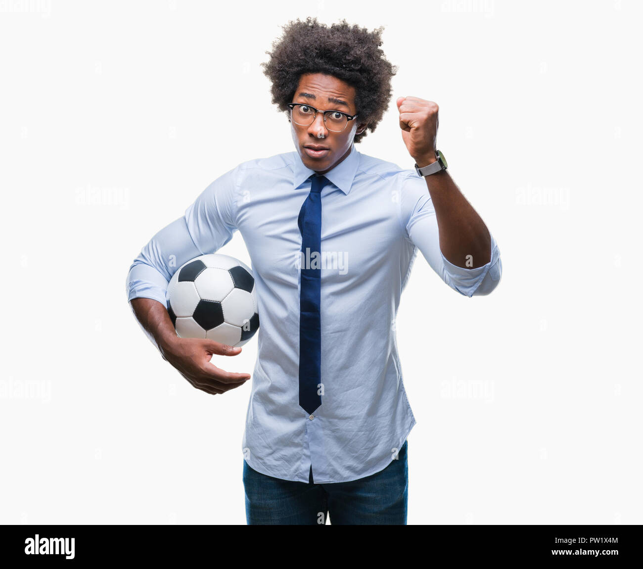 Afro american manager man holding soccer ball over isolated background ...