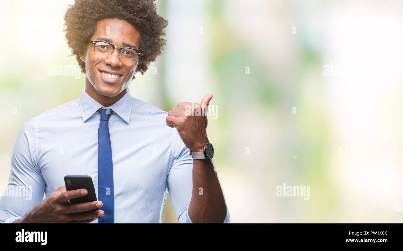 Afro american business man texting using smartphone over isolated ...