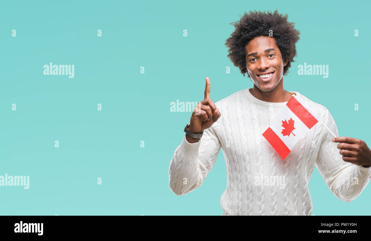 Afro american man flag of Canada over isolated background surprised ...