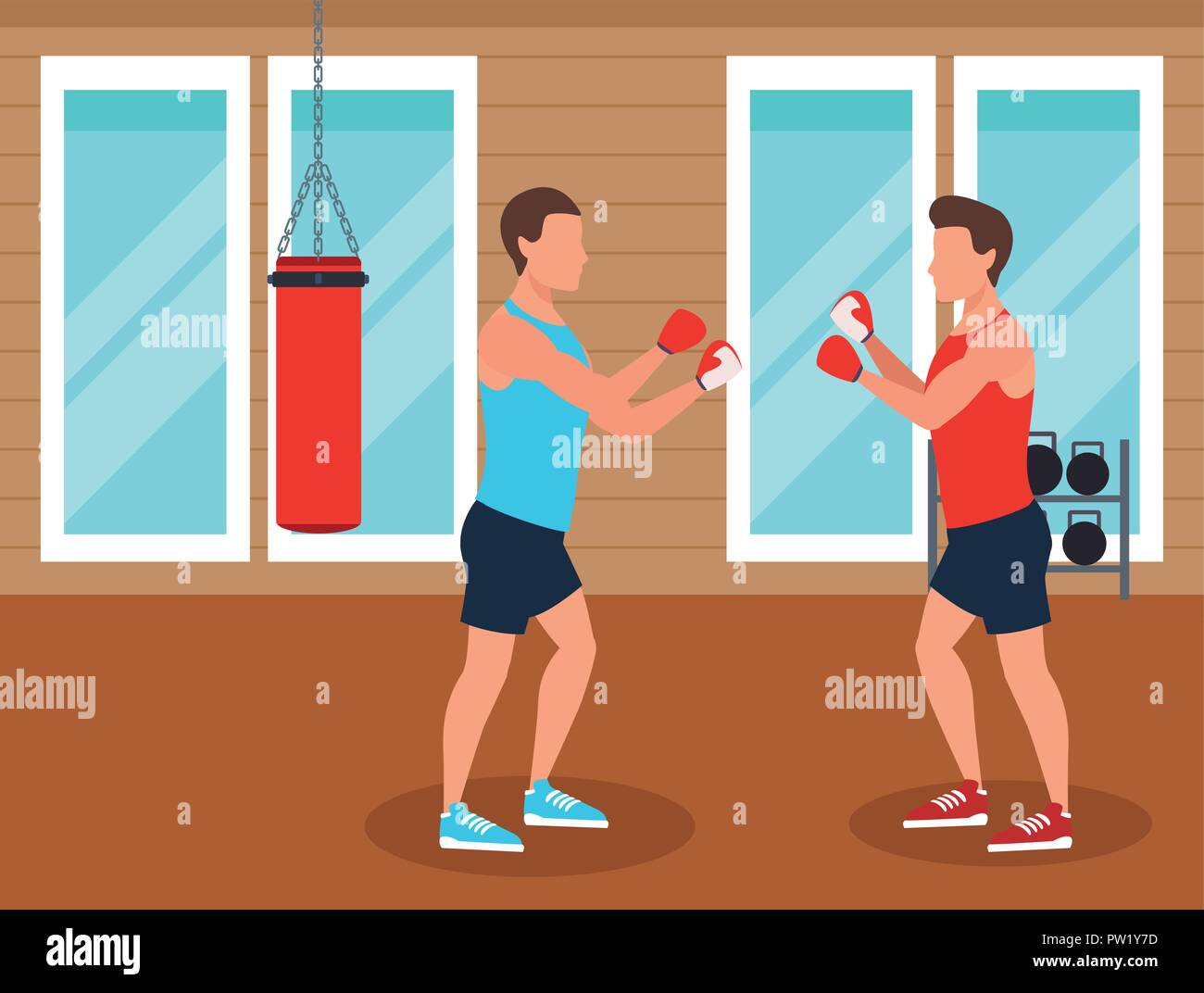 Fitness people training inside gym scenery vector illustration graphic ...