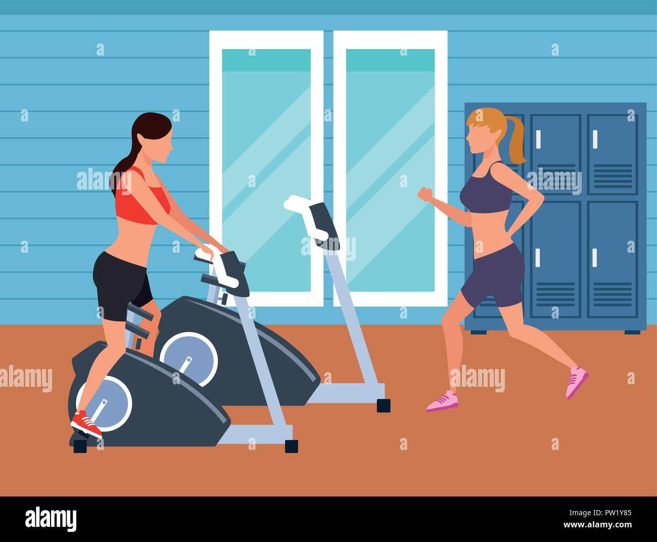 Fitness people training inside gym scenery vector illustration graphic ...