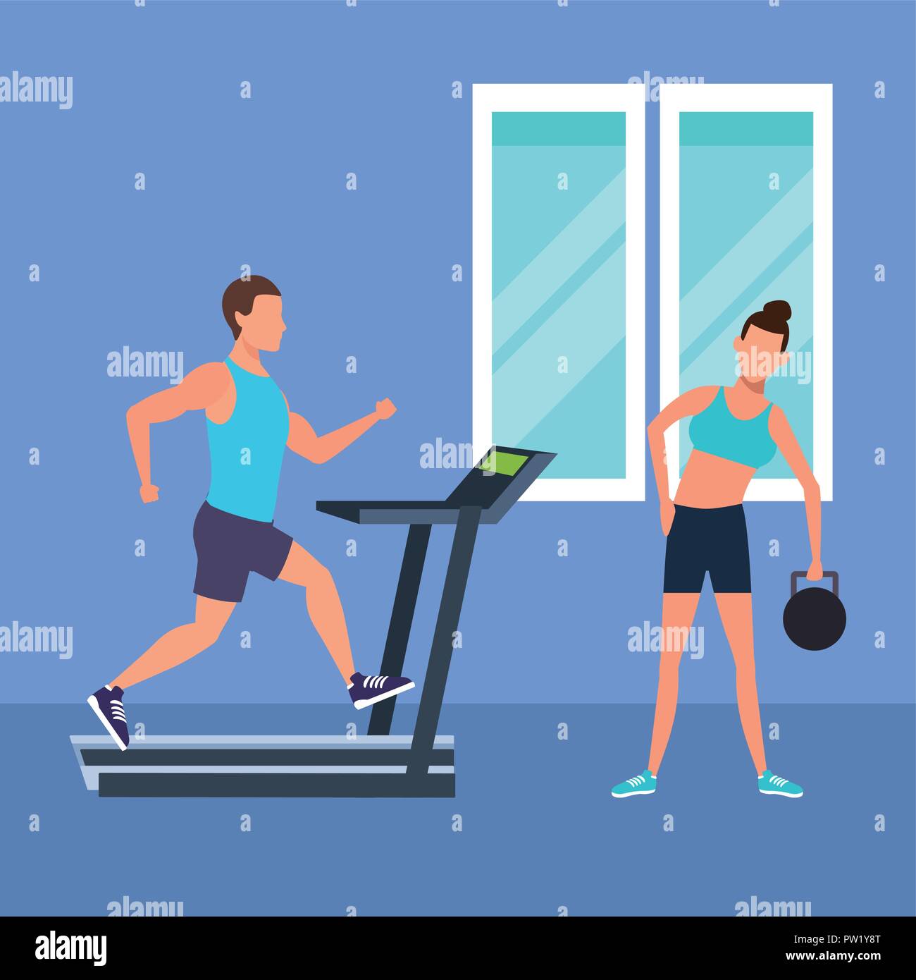 Fitness people training inside gym scenery vector illustration graphic ...