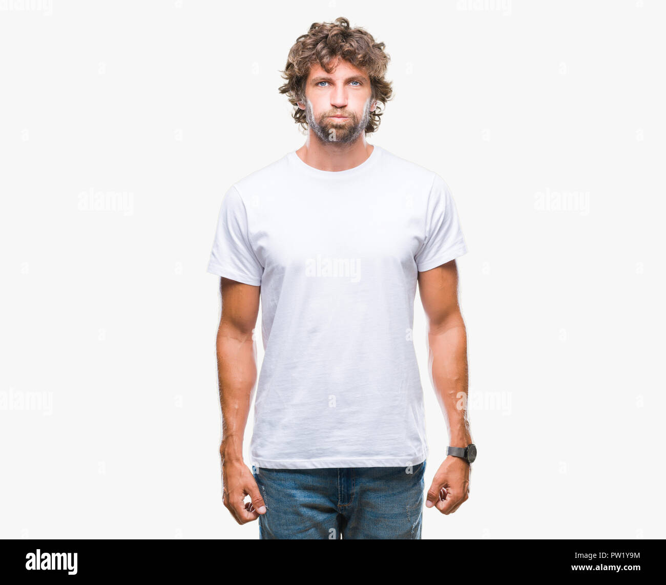 Handsome hispanic model man over isolated background puffing cheeks ...