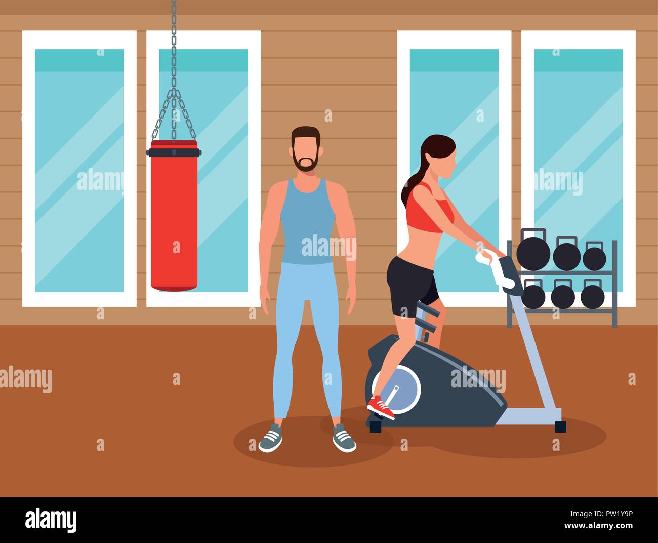 Fitness people training inside gym scenery vector illustration graphic ...
