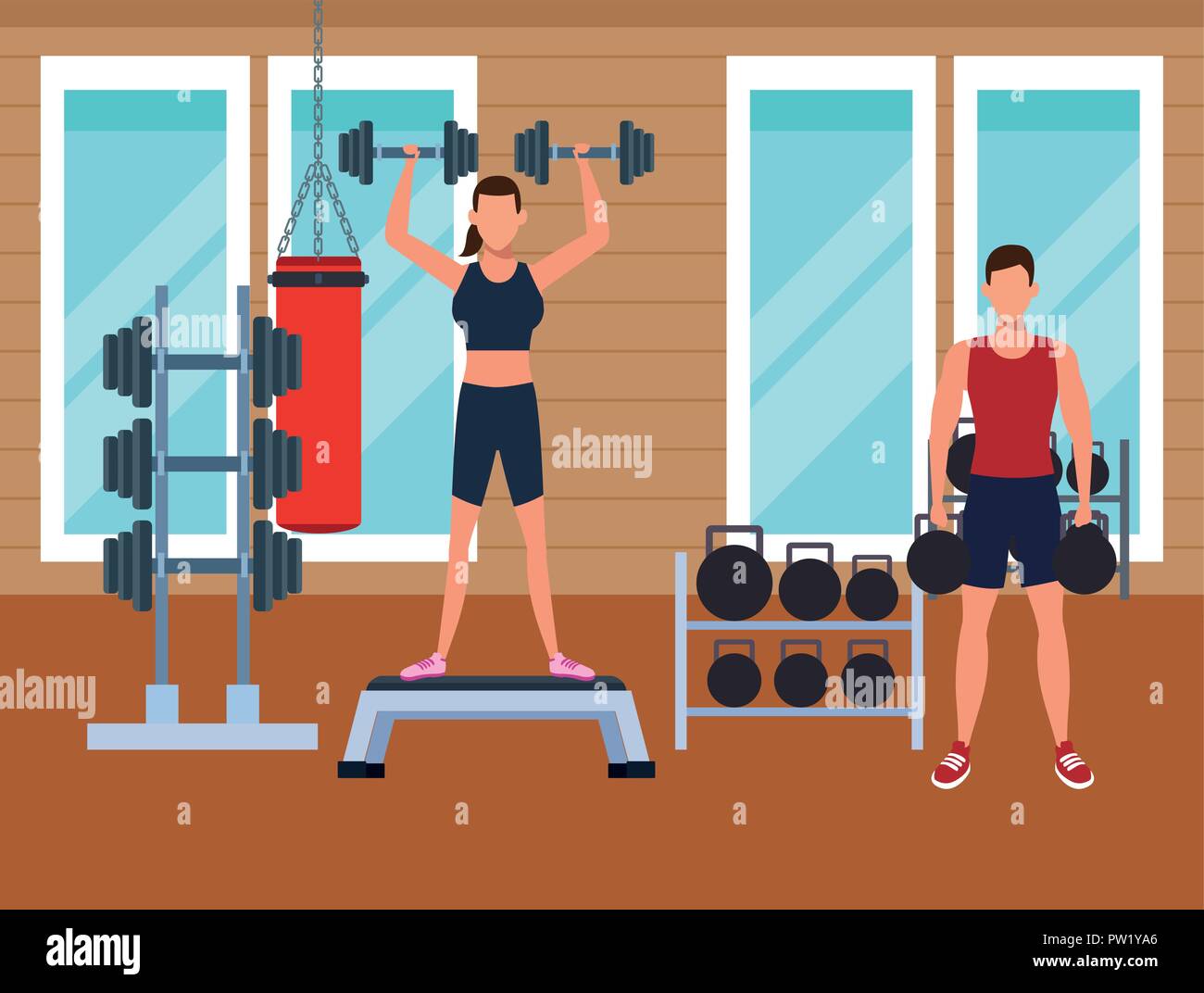 Fitness people training inside gym scenery vector illustration graphic ...