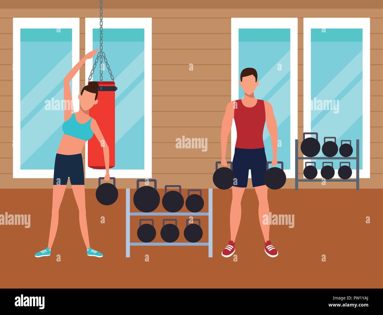 Fitness people training inside gym scenery vector illustration graphic ...