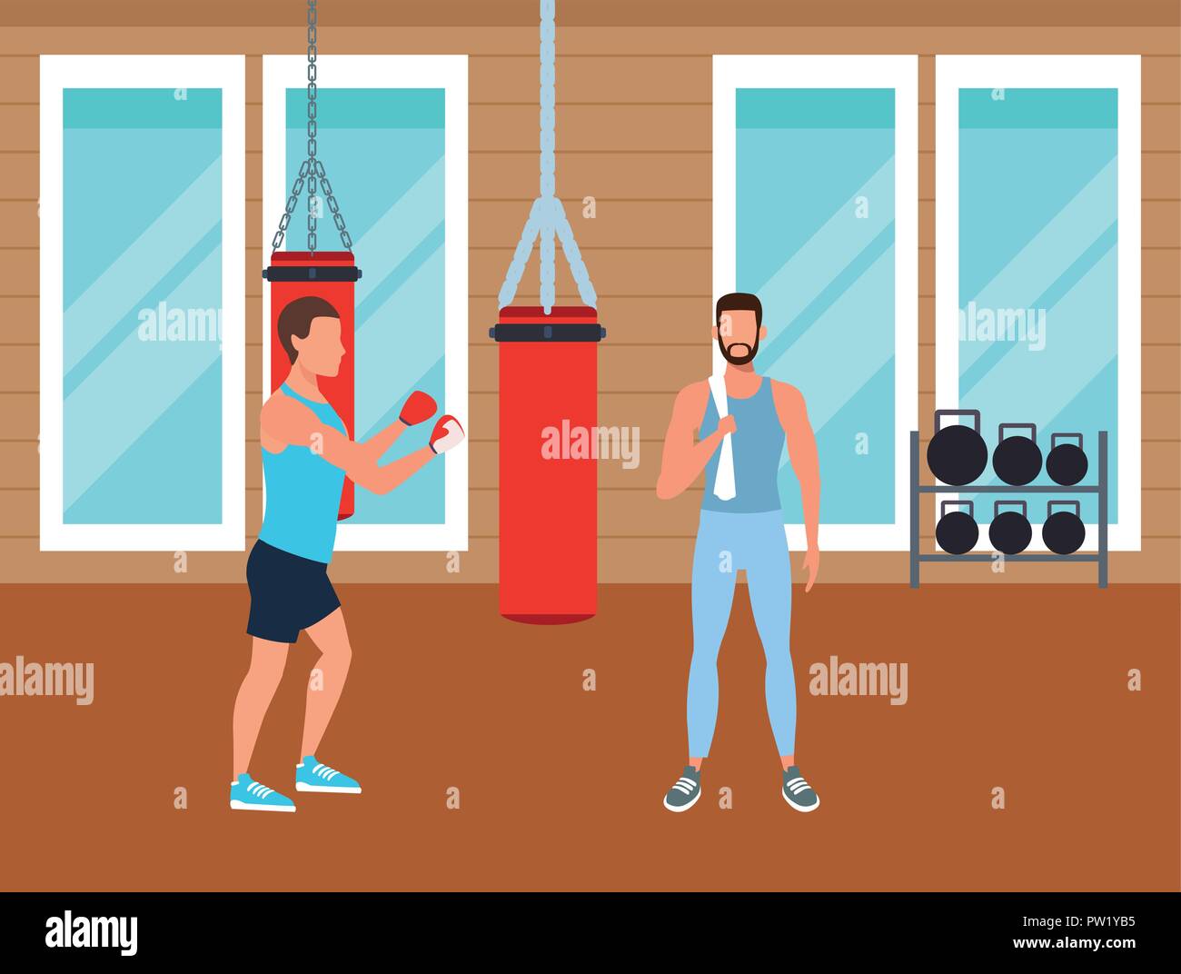 Fitness people training inside gym scenery vector illustration graphic ...