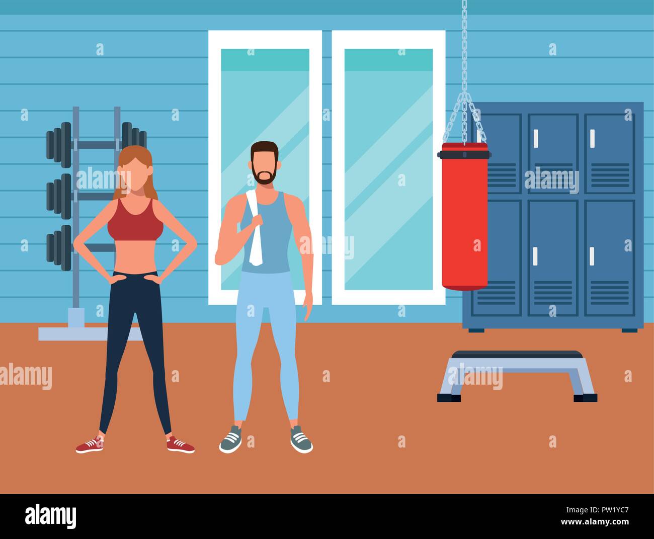 Fitness people training inside gym scenery vector illustration graphic ...