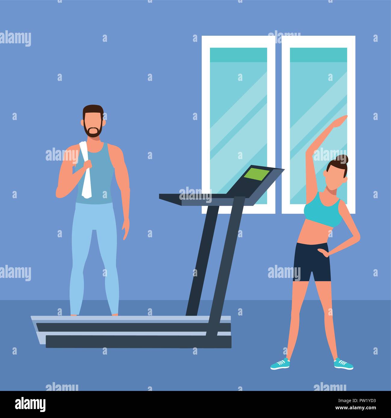 Fitness people training inside gym scenery vector illustration graphic ...