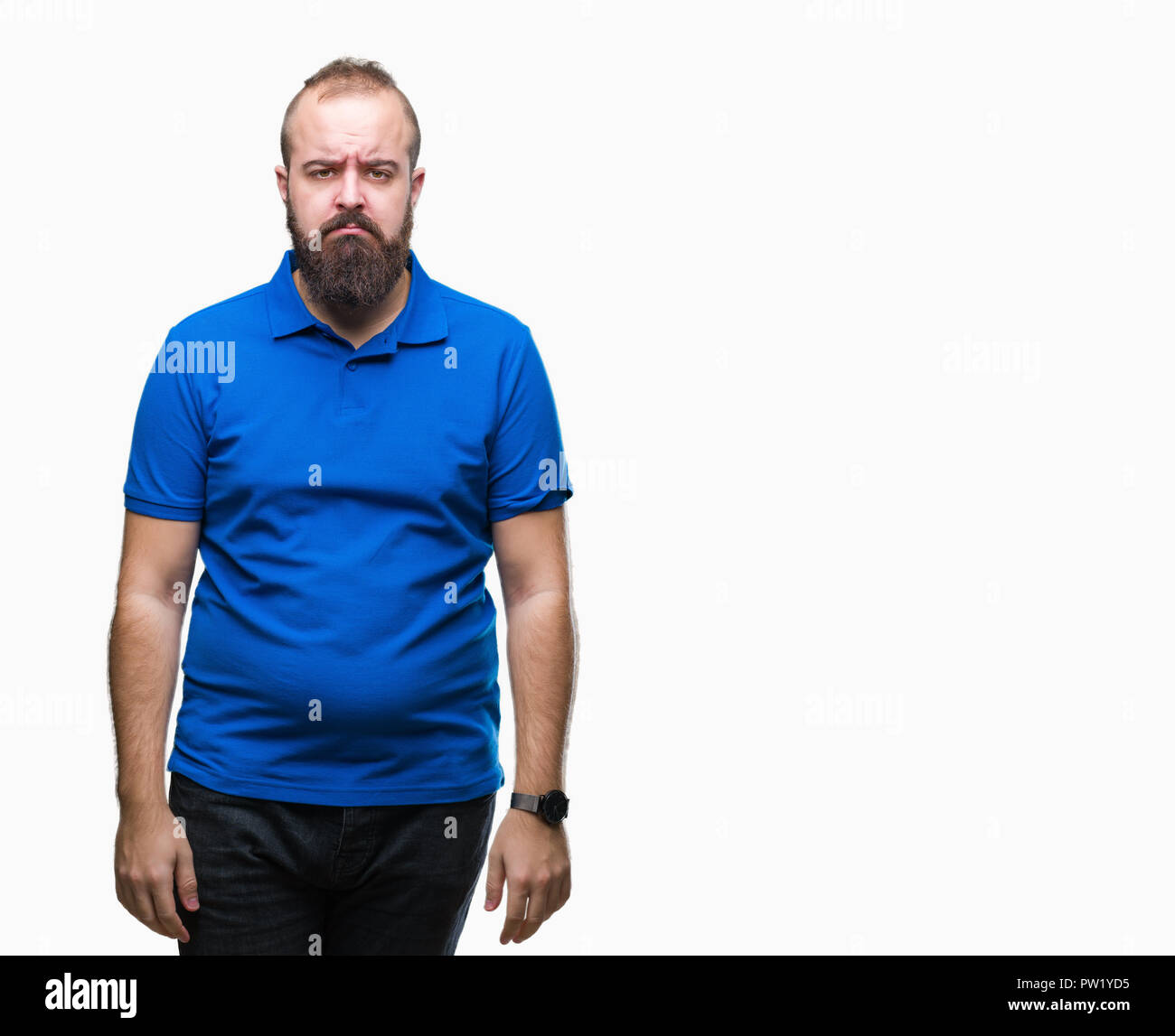 Young caucasian hipster man wearing blue shirt over isolated background ...