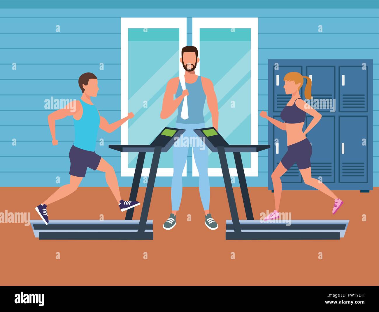 Fitness people training inside gym scenery vector illustration graphic ...