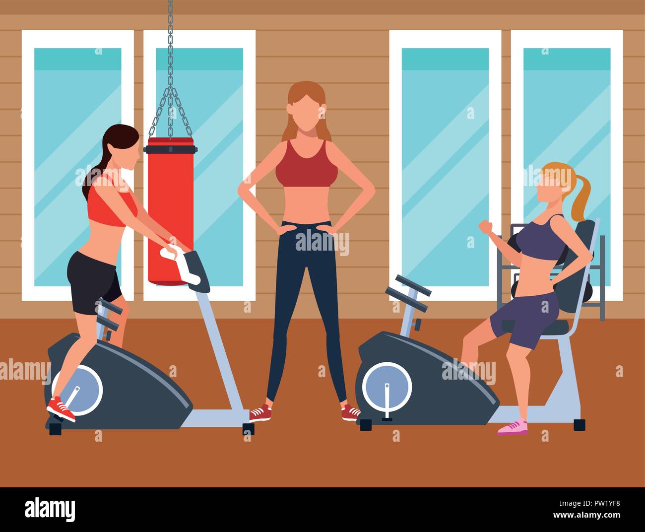 Fitness people training inside gym scenery vector illustration graphic ...